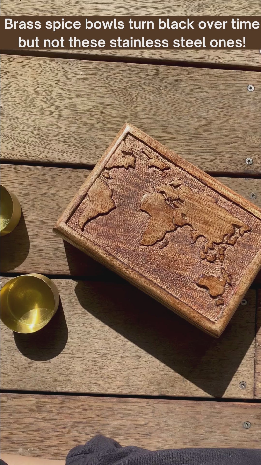World Map Wooden Spice Box - Engraved, 6 Stainless Steel Bowls, Rectangle