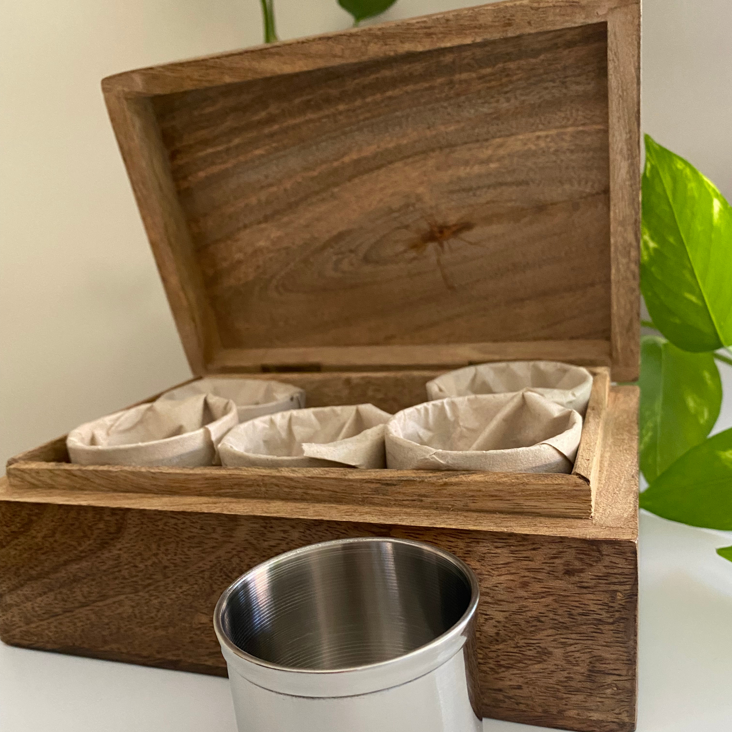 World Map Wooden Spice Box - Engraved, 6 Stainless Steel Bowls, Rectangle