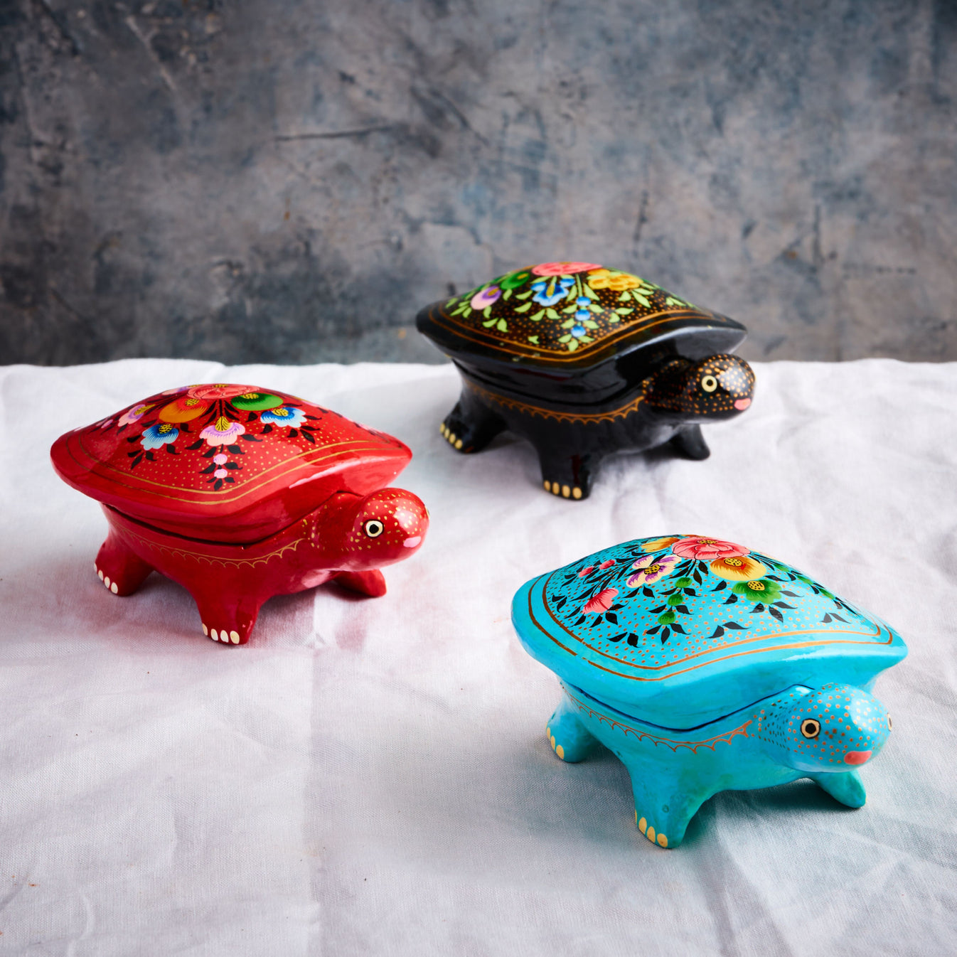 Paper Mache Tortoise Keepsake Box Blue, Floral Trinket Bits & Bobs Box