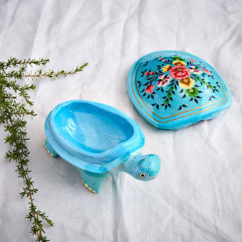 Paper Mache Tortoise Keepsake Box Blue, Floral Trinket Bits & Bobs Box