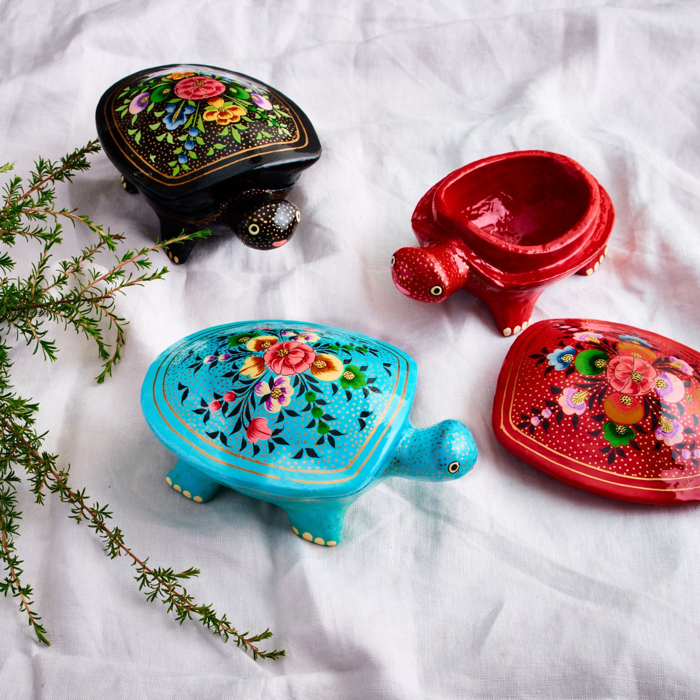 Paper Mache Tortoise Keepsake Box Blue, Floral Trinket Bits & Bobs Box